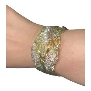 Jewelry | Vintage Gold Tone Leaf Hinged Bracelet Austrian Crystal Faux ...